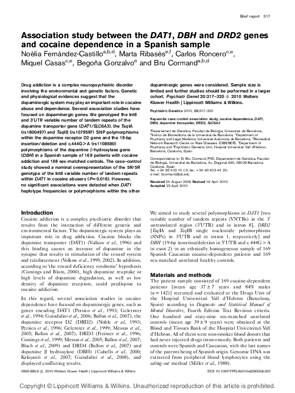 (PDF) Association study between the DAT1, DBH and DRD2 genes and cocaine dependence in a Spanish ...