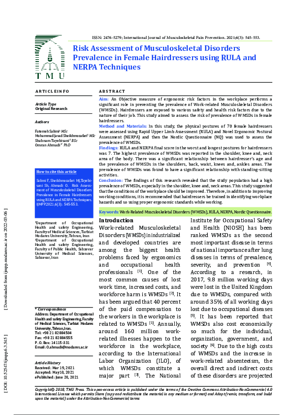 (PDF) Risk Assessment of Musculoskeletal Disorders Prevalence in Female ...