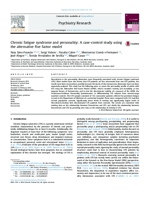 (PDF) Chronic fatigue syndrome and personality: A case-control study ...