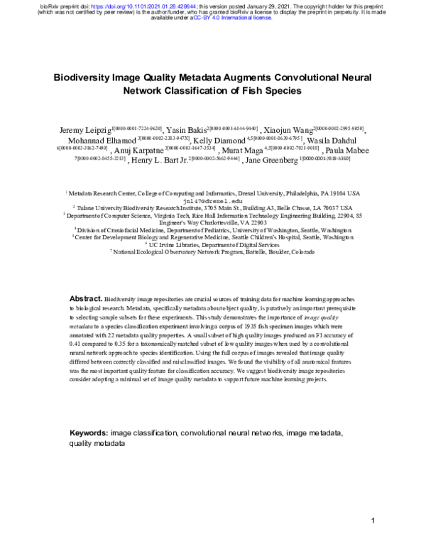 (PDF) Biodiversity Image Quality Metadata Augments Convolutional Neural ...
