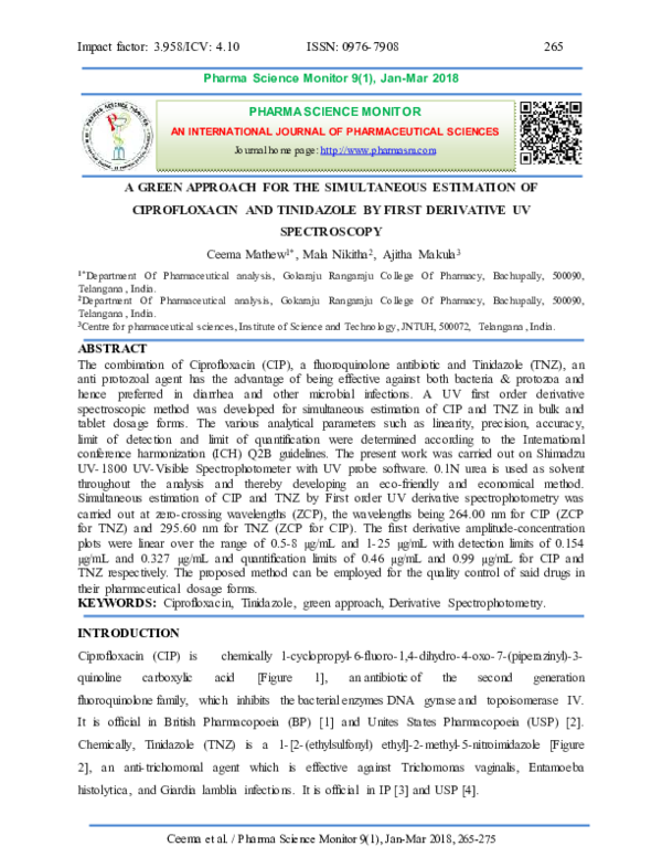 Pdf A Green Approach For The Simultaneous Estimation Of Ciprofloxacin And Tinidazole By First