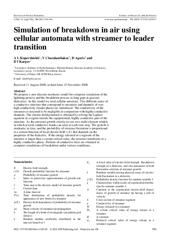 (PDF) Simulation of breakdown in air using cellular automata with streamer to leader transition