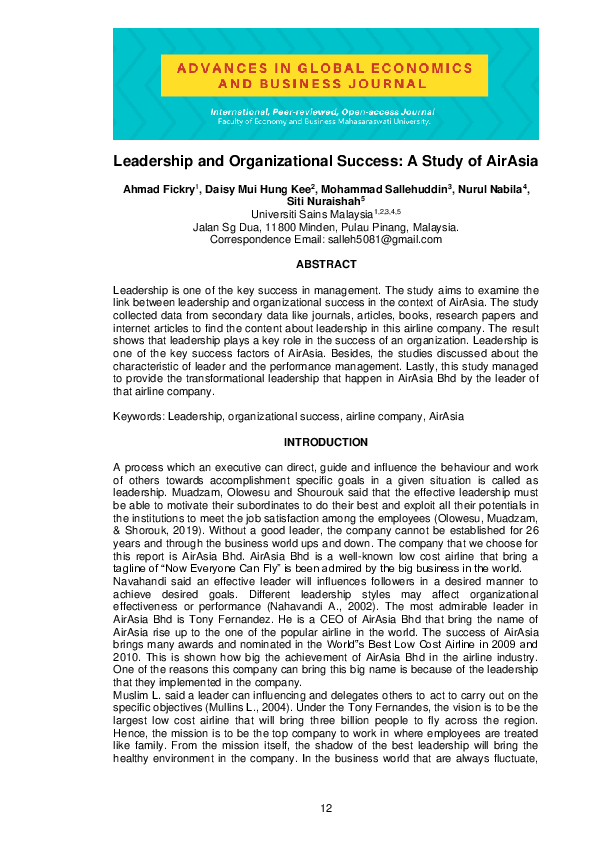 (PDF) Leadership and Organizational Success: A Study of AirAsia