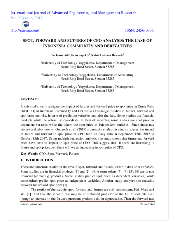 (PDF) Spot, Forward and Futures of Cpo Analysis: The Case of Indonesia Commodity and Derivatives