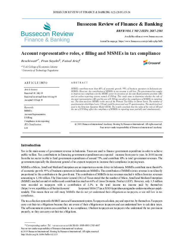 (PDF) Account representative roles, e- filling and MSMEs in tax compliance