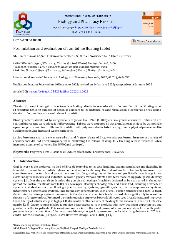 Pdf Formulation And Evaluation Of Ranitidine Floating Tablet