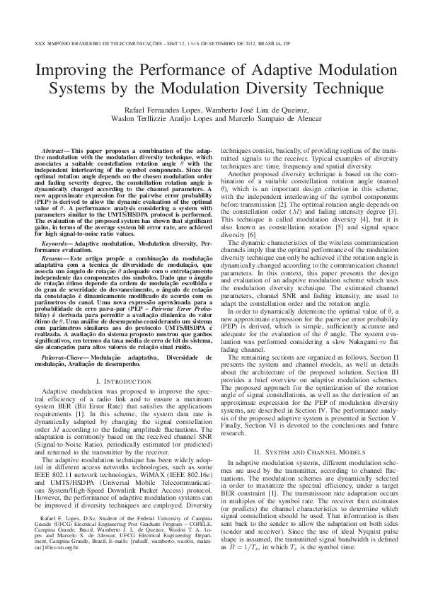 Pdf Improving The Performance Of Adaptive Modulation Systems By The Modulation Diversity Technique