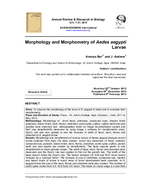 (PDF) Morphology and Morphometry of Aedes aegypti Larvae