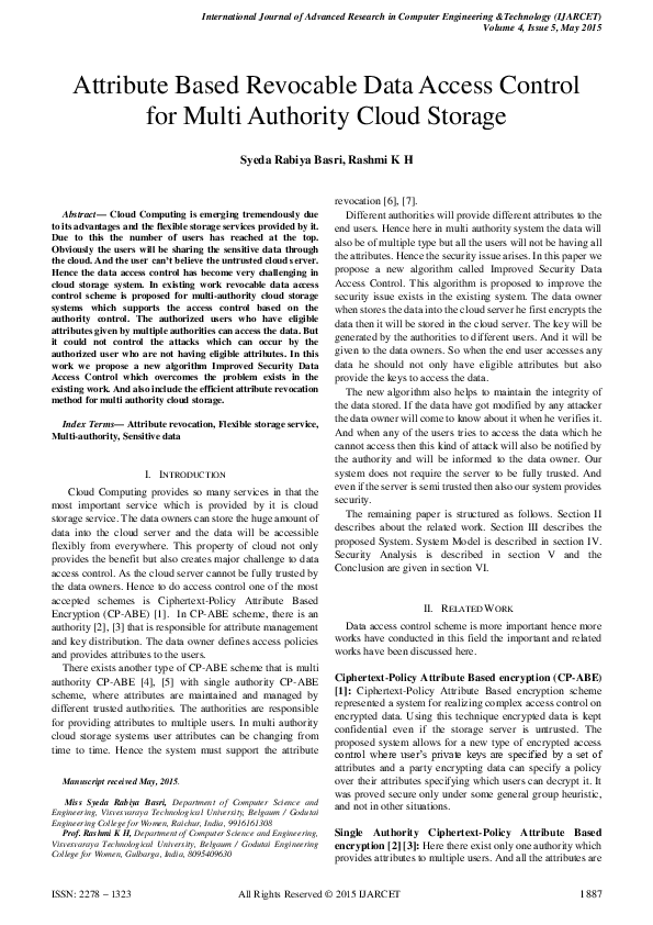 Pdf Attribute Based Revocable Data Access Control For Multi Authority Cloud Storage