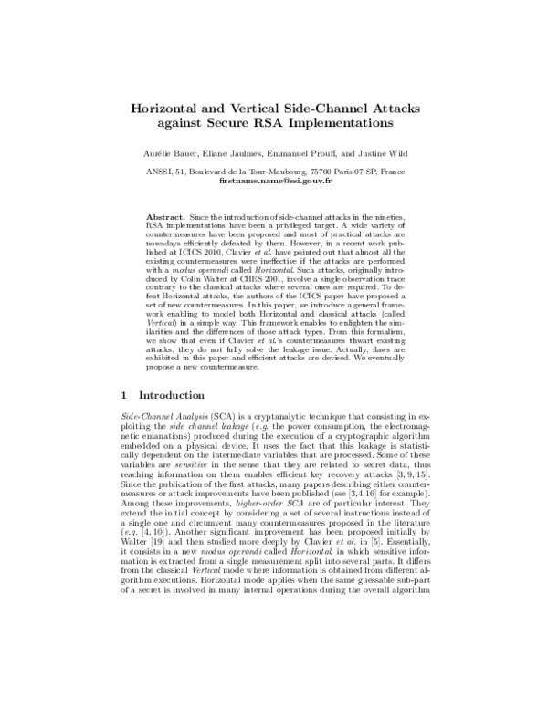 (PDF) Horizontal and Vertical Side-Channel Attacks against Secure RSA Implementations