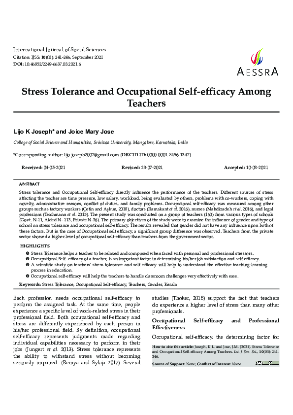 (PDF) Stress Tolerance and Occupational Self-efficacy Among Teachers