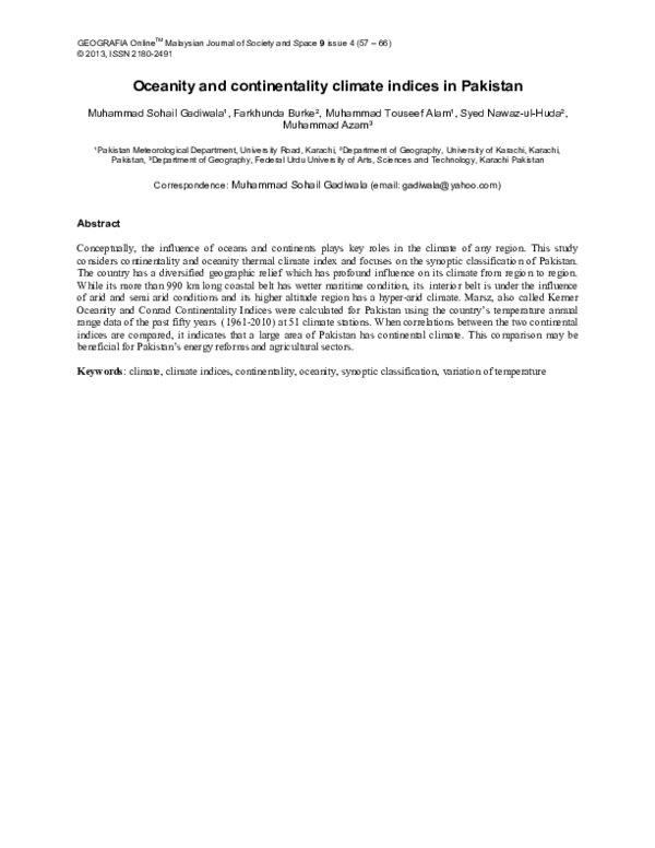 (PDF) Oceanity and continentality climate indices in Pakistan