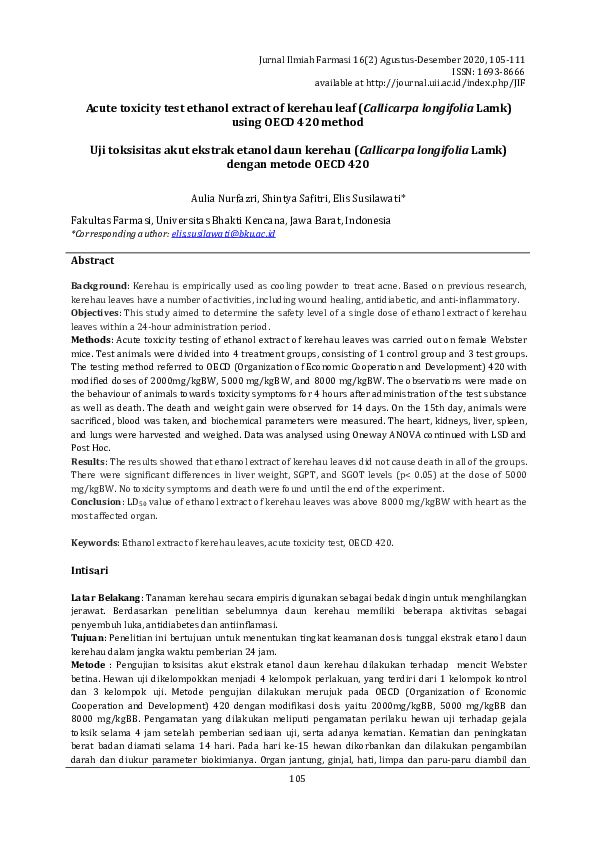 (PDF) Acute toxicity test ethanol extract of kerehau leaf (Callicarpa ...