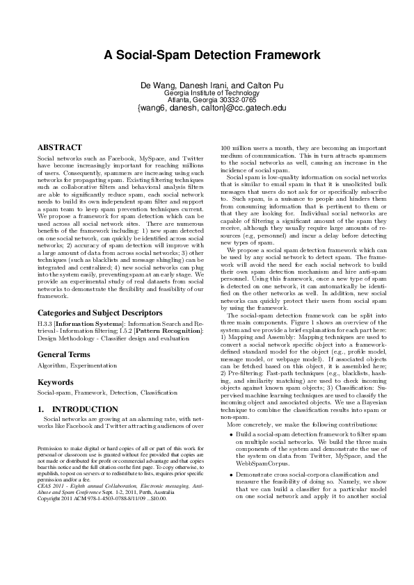 Pdf A Social Spam Detection Framework Calton Pu