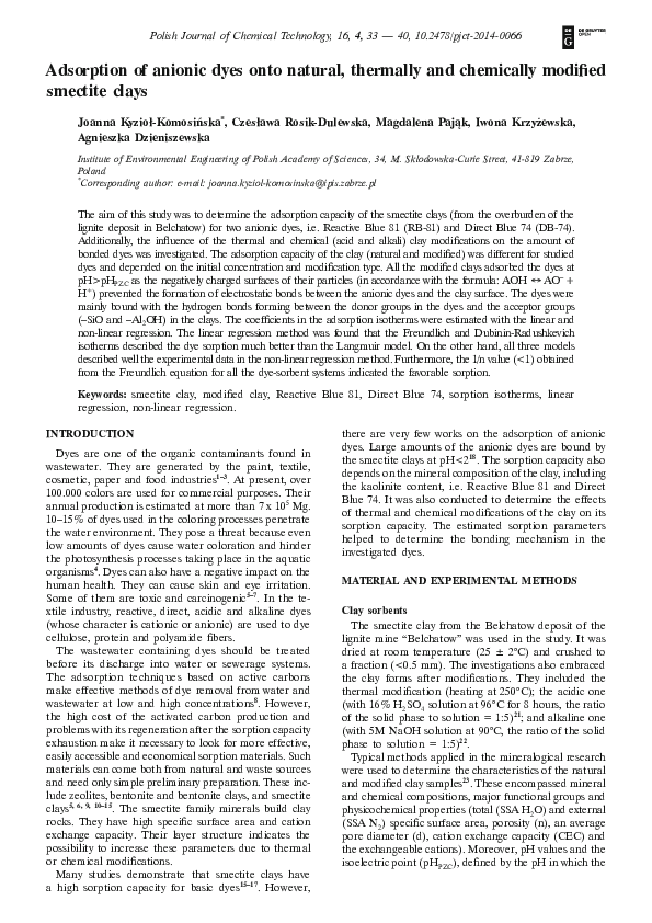 (PDF) Adsorption of anionic dyes onto natural, thermally and chemically ...