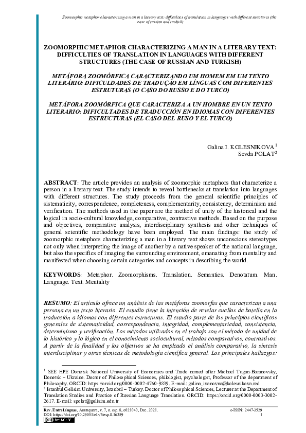 (PDF) Zoomorphic metaphor characterizing a man in a literary text ...