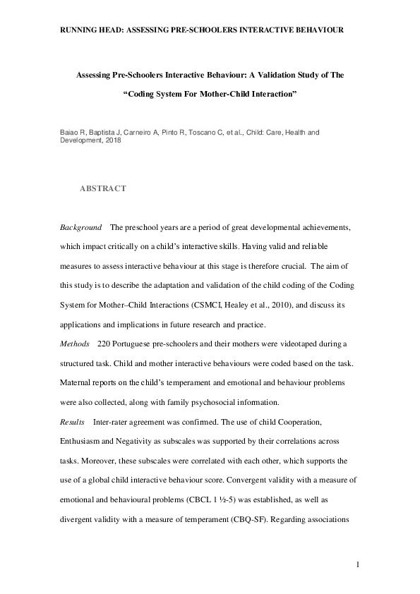 (PDF) Validating the Coding System for Mother-Child Interaction