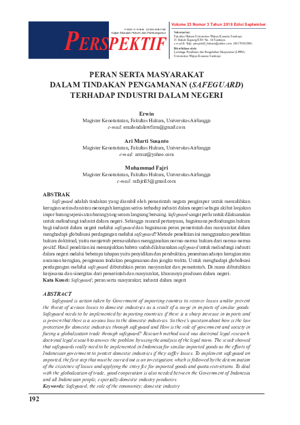 (PDF) Peran Serta Masyarakat Dalam Tindakan Pengamanan (Safeguard) Terhadap Industri Dalam Negeri