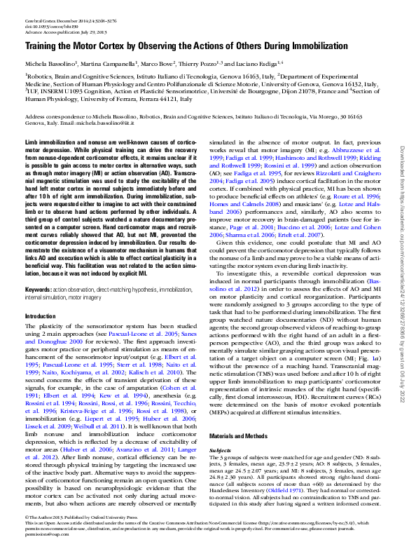 (PDF) Training the Motor Cortex by Observing the Actions of Others During Immobilization