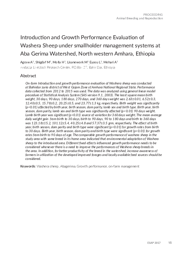 (PDF) Introduction and Growth Performance Evaluation of Washera Sheep ...