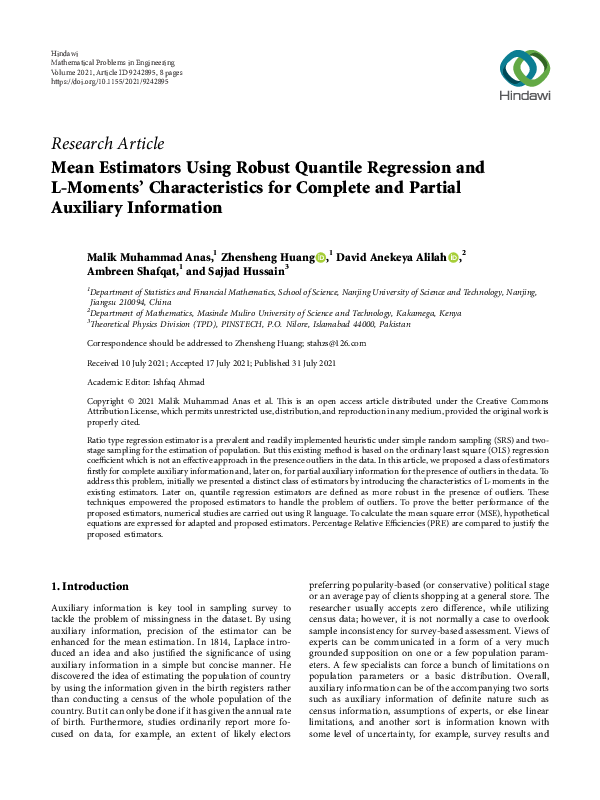 Pdf Mean Estimators Using Robust Quantile Regression And L Moments Characteristics For