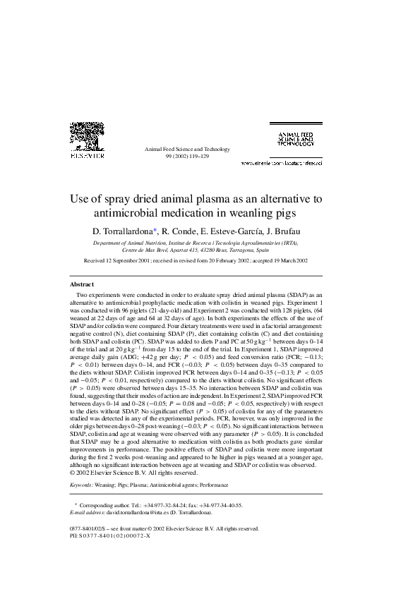 (PDF) Use of spray dried animal plasma as an alternative to antimicrobial medication in weanling ...