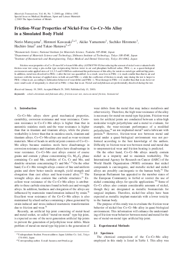 (PDF) Friction-Wear Properties of Nickel-Free Co–Cr–Mo Alloy in a ...