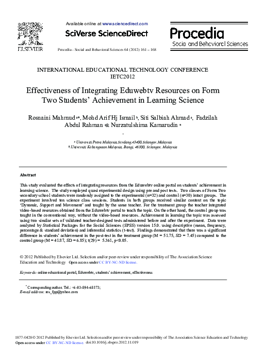 (PDF) Effectiveness of Integrating Eduwebtv Resources on form Two ...