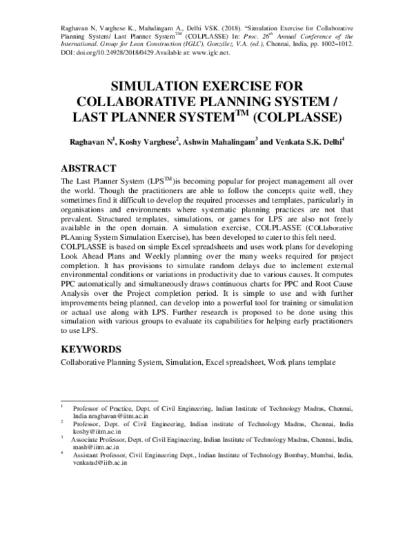 (PDF) Simulation Exercise for Collaborative Planning System / Last Planner System (COLPLASSE)
