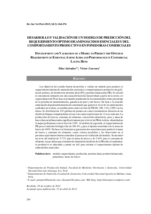 (PDF) Desarrollo y Validación De Un Modelo De Predicción Del Requerimiento Óptimo De Aminoácidos ...