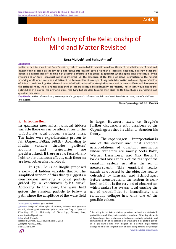 (PDF) Bohm’s Theory of the Relationship of Mind and Matter Revisited