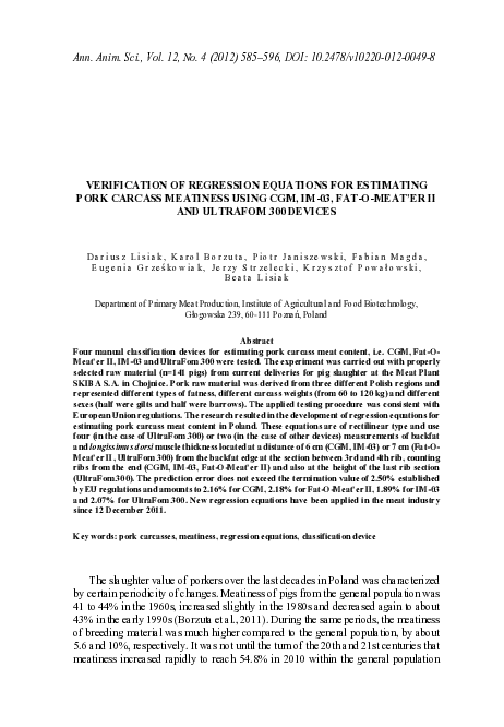 (PDF) Verification of regression equations for estimating pork carcass ...