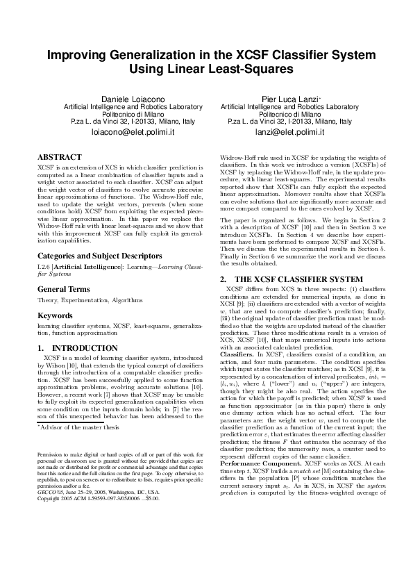 (PDF) Improving generalization in the XCSF classifier system using linear least-squares | Pier ...
