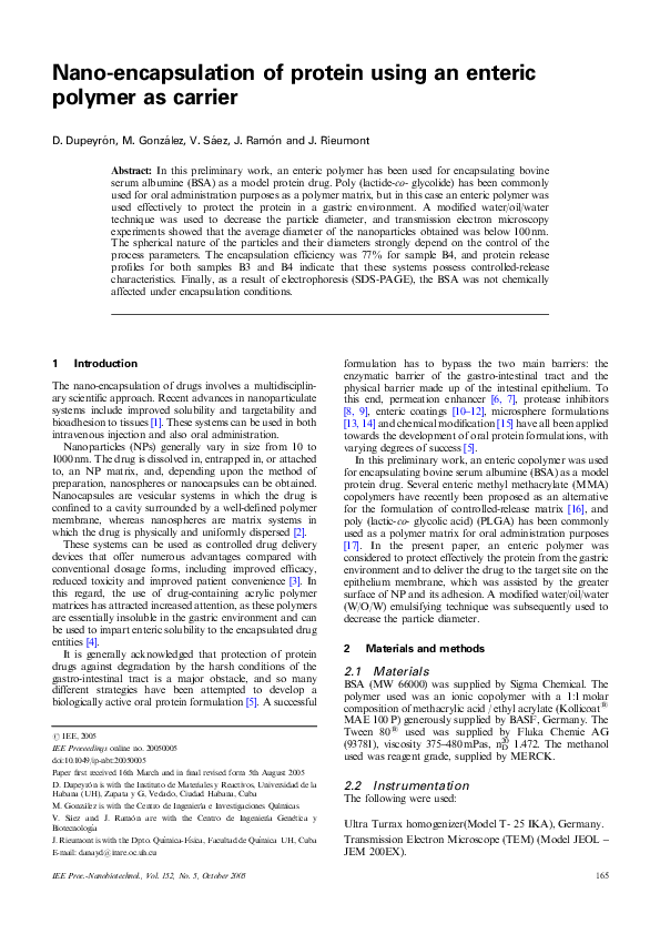(PDF) Nano-encapsulation of protein using an enteric polymer as carrier
