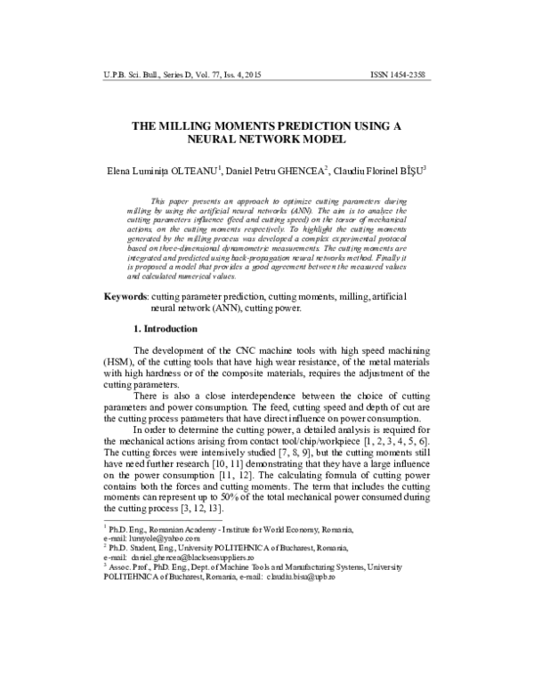 Pdf The Milling Moments Prediction Using A Neural Network Model 