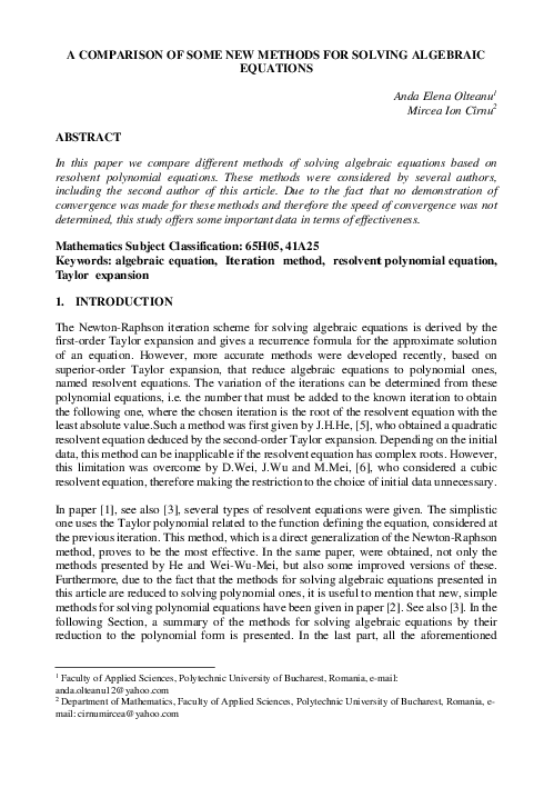 (PDF) A comparison of some new methods for solving algebraic equations