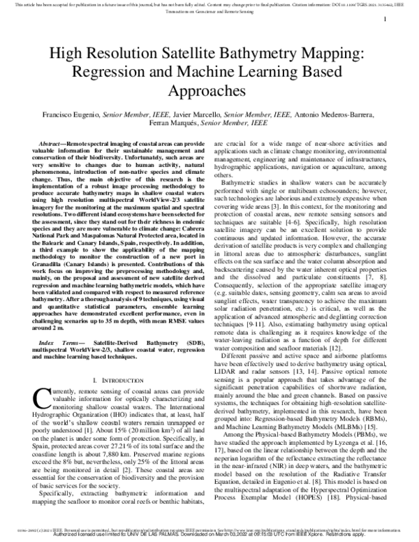 Pdf High Resolution Satellite Bathymetry Mapping Regression And Machine Learning Based
