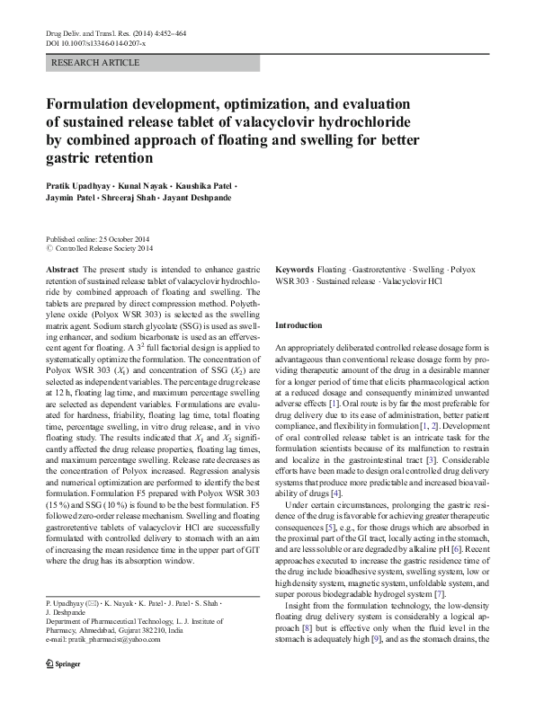 Pdf Formulation Development Optimization And Evaluation Of Sustained Release Tablet Of