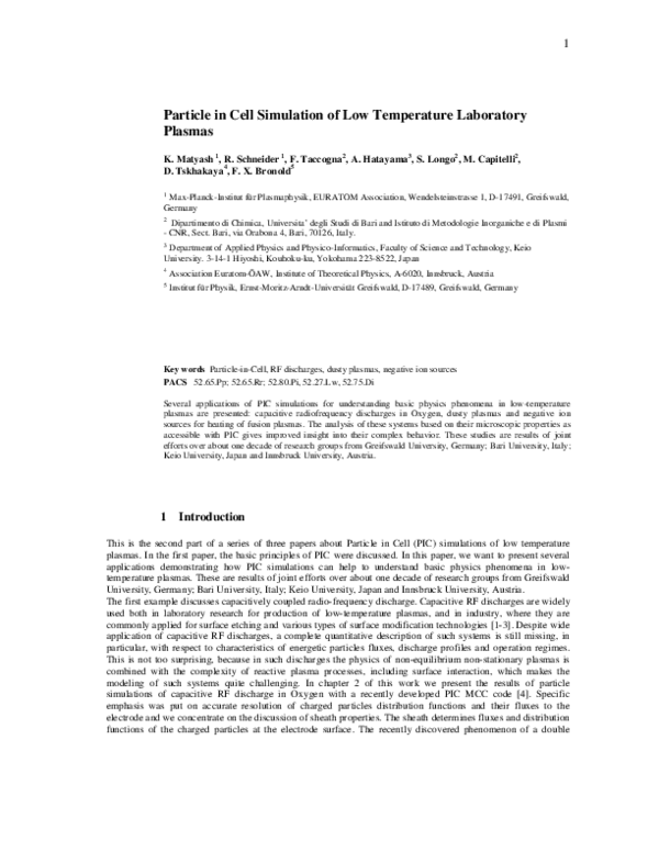 (PDF) Particle in Cell Simulation of Low Temperature Laboratory Plasmas