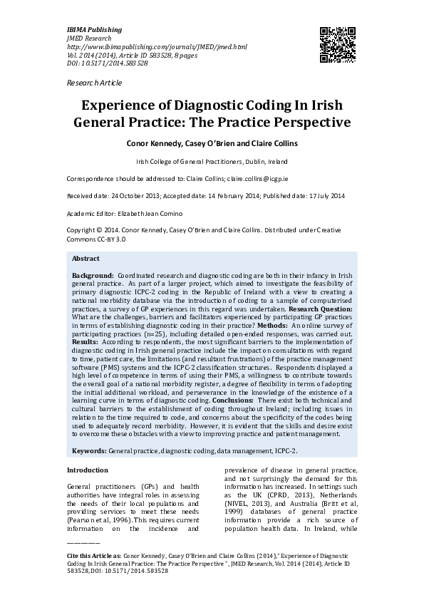 (PDF) Experience of Diagnostic Coding In Irish General Practice: The ...
