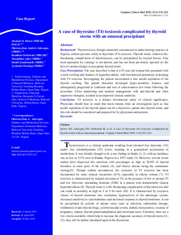(PDF) A case of T4 toxicosis complicated by thyroid storm with an ...