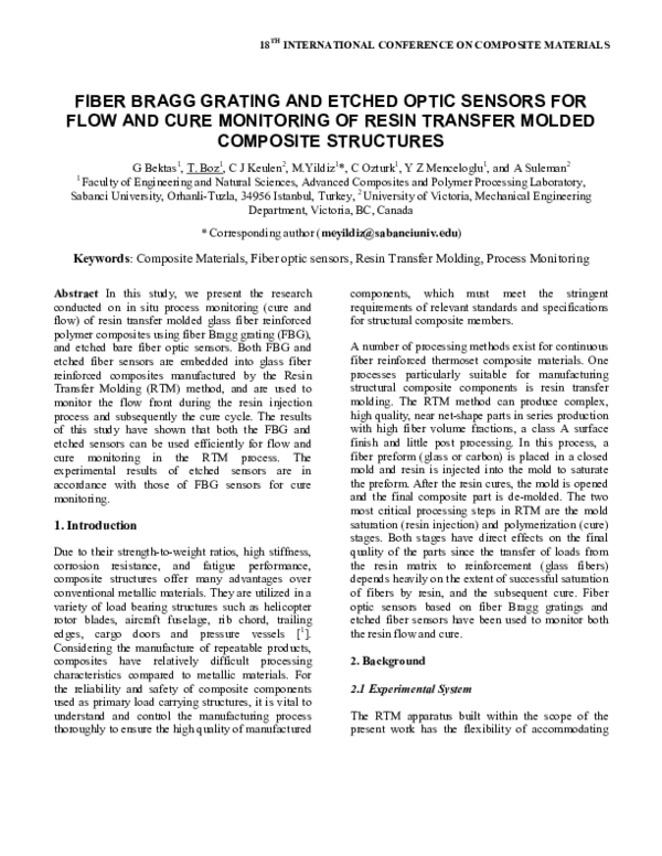 Pdf Fiber Bragg Grating And Etched Optic Sensors For Flow And Cure Monitoring Of Resin