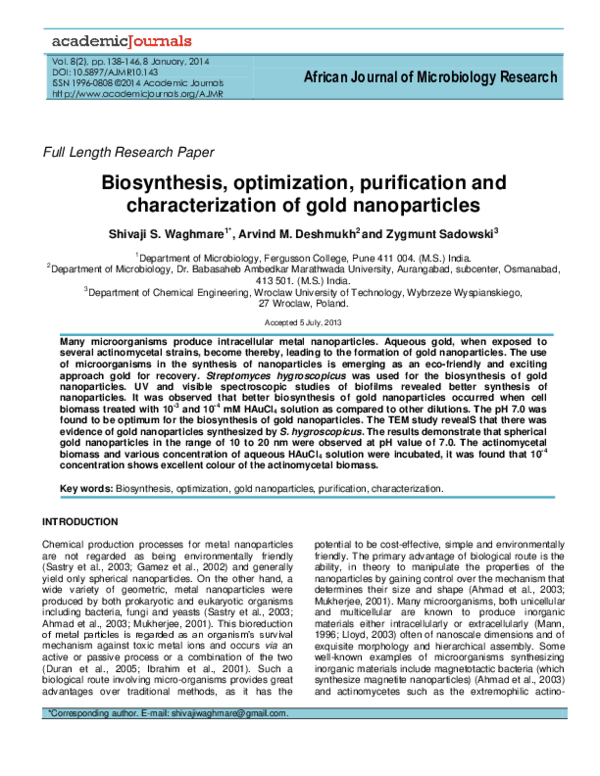 (PDF) Biosynthesis, optimization, purification and characterization of gold nanoparticles