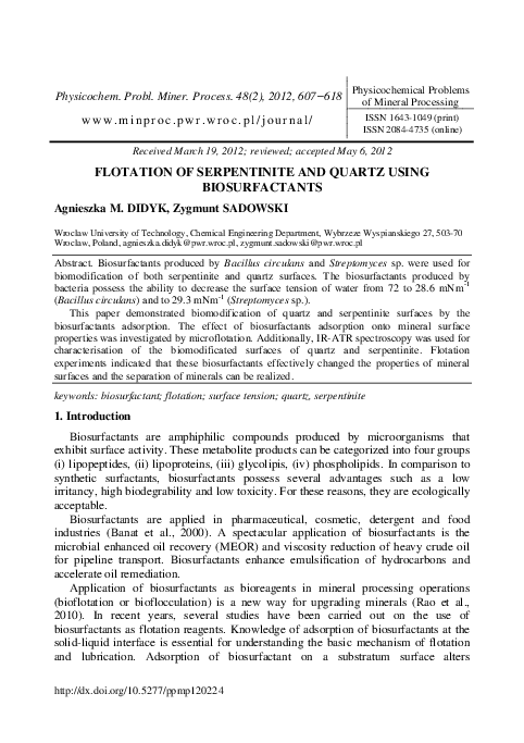 (PDF) Flotation of Serpentinite and Quartz Using Biosurfactants
