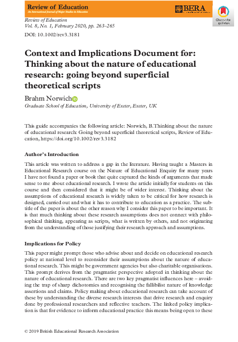 (PDF) Context and Implications Document for: Thinking about the nature of educational research ...