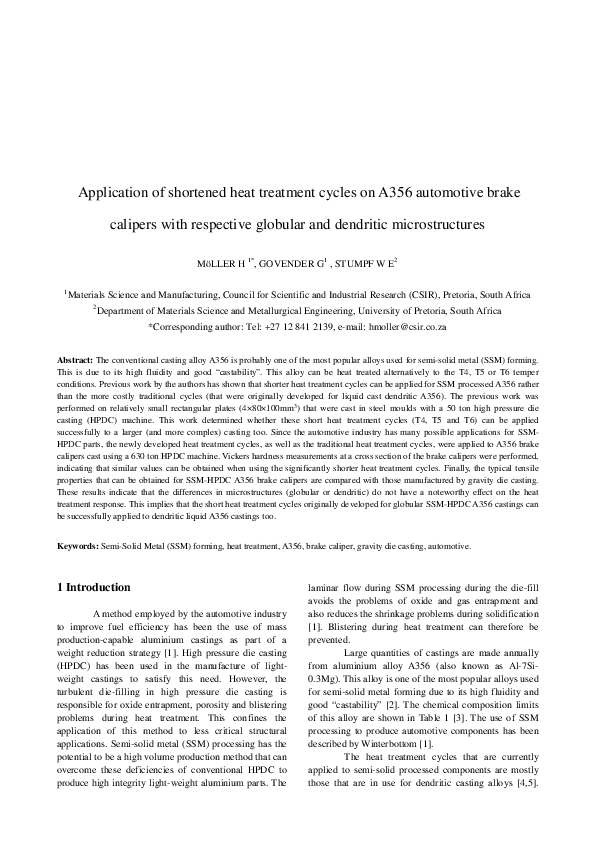 (PDF) Application of shortened heat treatment cycles on A356 automotive brake calipers with ...