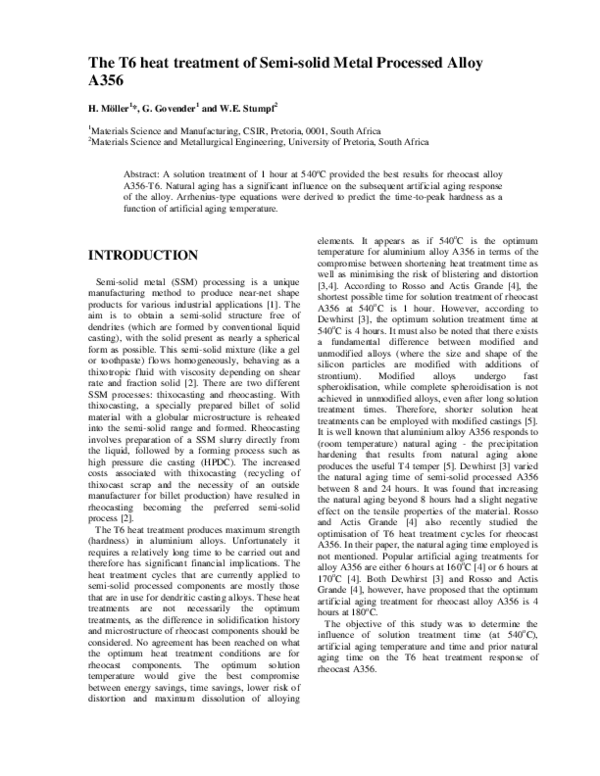 (PDF) The T6 Heat Treatment of Semi-Solid Metal Processed Alloy A356