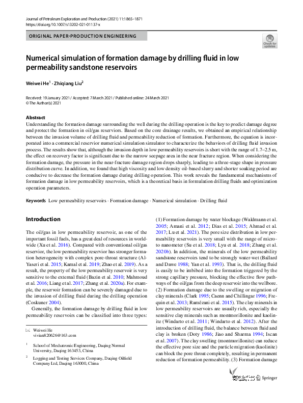 (PDF) Numerical simulation of formation damage by drilling fluid in low permeability sandstone ...