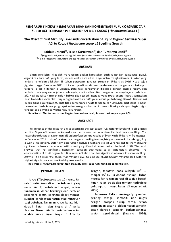 (PDF) Pengaruh Tingkat Kemasakan Buah dan Konsentrasi Pupuk Organik Cair Super ACI Terhadap ...