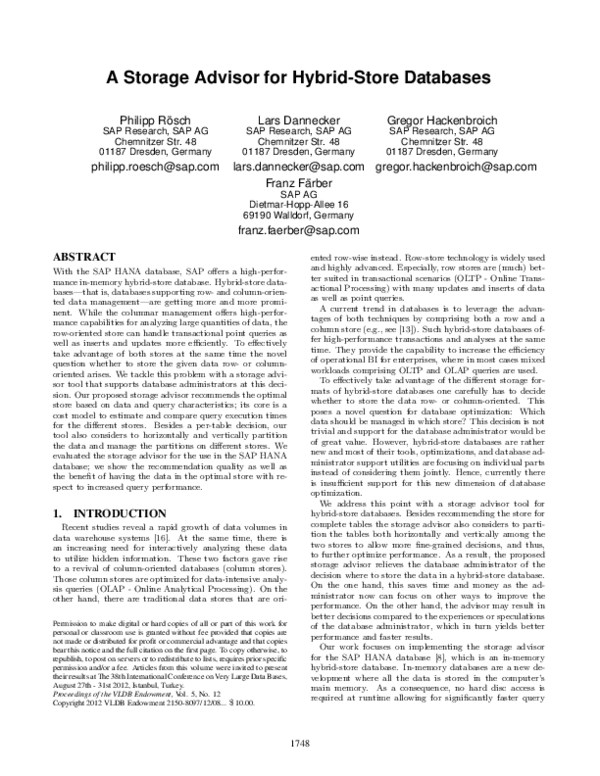 (PDF) A storage advisor for hybrid-store databases